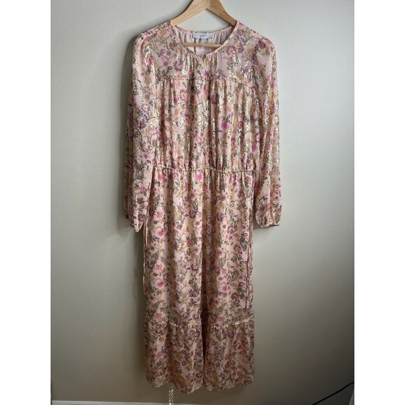 LOFT | Dresses | Loft Maxi Dress Womens Xl Pink Floral Long Sleeve Gold ...